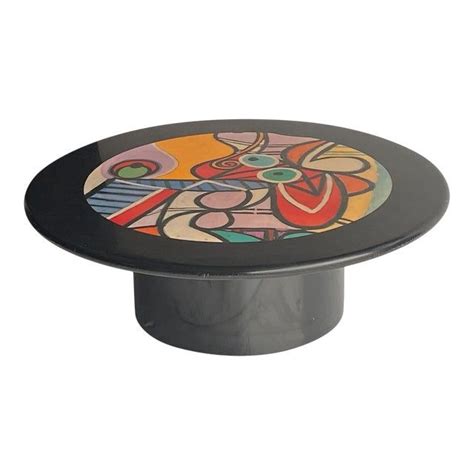 1980s Postmodern Black Lacquered Round Picasso Print Coffee Table