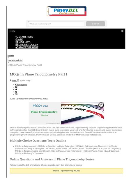 Trigo Mcqs Pdf Trigonometry Trigonometric Functions