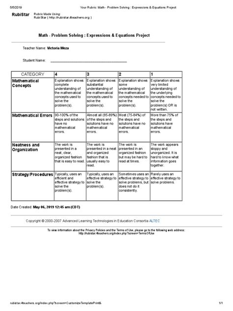 Your Rubric Math Problem Solving Expressions Equations Project Pdf