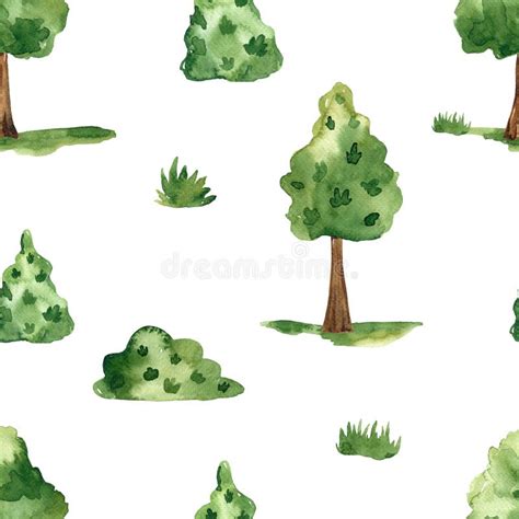 Watercolor Seamless Pattern With Trees Bushes Grass Park Texture