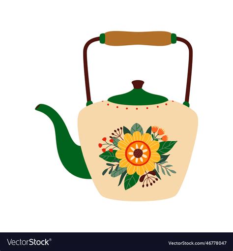 Retro Cartoon Tea Kettle With Floral Print Teapot Vector Image