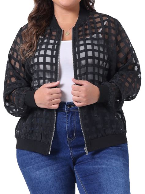 Agnes Orinda Womens Plus Size Bomber Jacket Hollow Out Long Sleeve