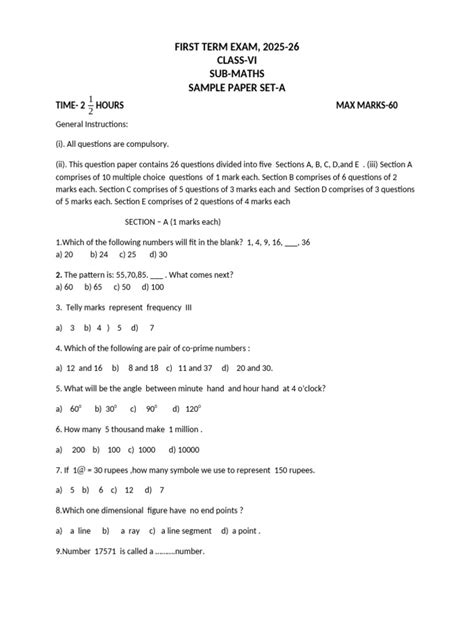 Class Vi Maths Sample Exam Paper 2025 26 Pdf