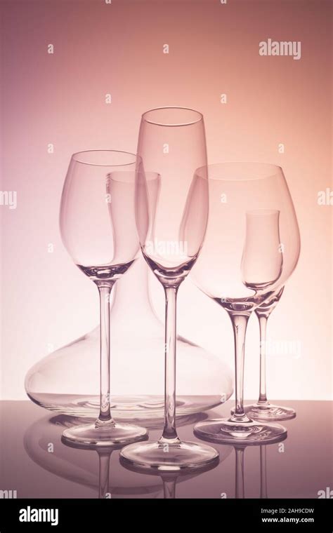 Glassware Selection With Wine Champagne Liquour Glasses And Decanter
