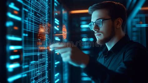 Data Center Technician Analyzing Network System Server Room It Specialist Cybersecurity Stock