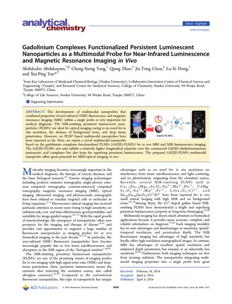 Pdf Gadolinium Complexes Functionalized Persistent Luminescent Nanoparticles As A Multimodal