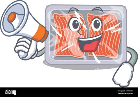 Cartoon Character Of Frozen Salmon Having A Megaphone Stock Vector