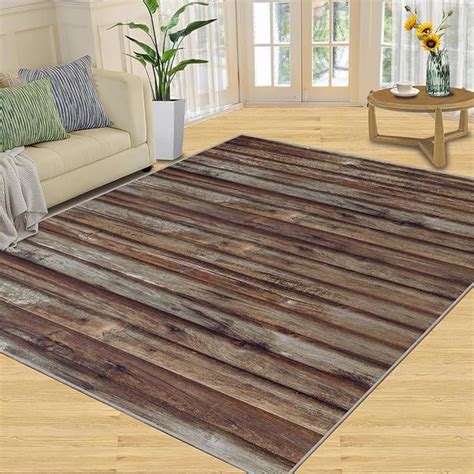 Brown Vintage Country Style Area Rug Farmhouse Wood Plank Texture