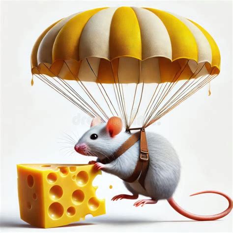 A Mouse With A Parachute Lands On A Piece Of Cheese Space For Text