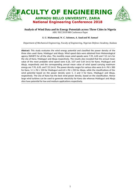 Pdf Analysis Of Wind Data And Its Potentials Across Three Cities In
