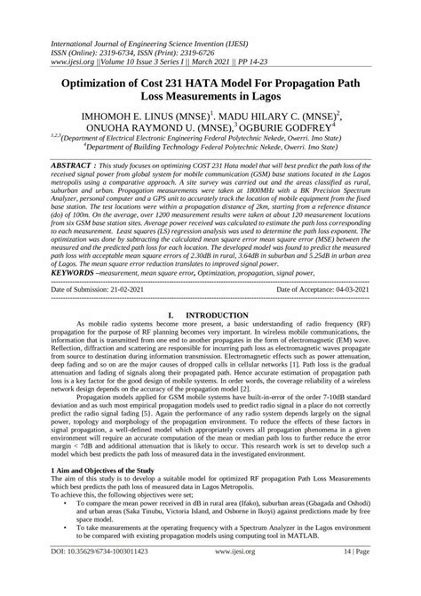Pdf Optimization Of Cost 231 Hata Model For Propagation Path