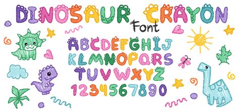 알파벳 문자와 숫자가 있는 공룡 크레용 글꼴 귀여운 공룡 캐릭터 컬렉션 손으로 그린 낙서 분필 스타일 디자인 보육원 또는 유치원 배너 및 포스터 벡터 일러스트 레이 션 0