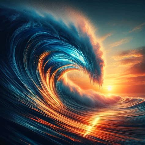 A Dramatic Wave Capturing The Essence Of A Colorful Sunset Stock