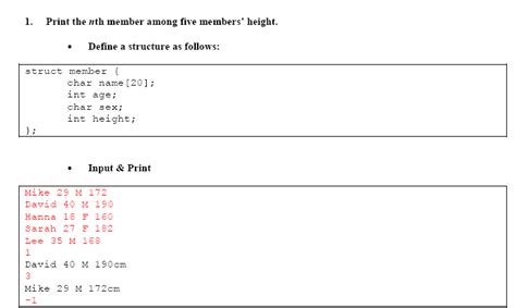 C Print The Nth Member Among Five Members Height Using Structure