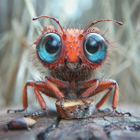 Colorful 3d Bug Character With Big Blue Eyes On Brown Surface Stock