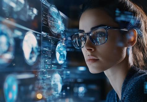 Photo Portrait Of A Young Woman Analyzing Digital Data With A Hightech World Map Interface