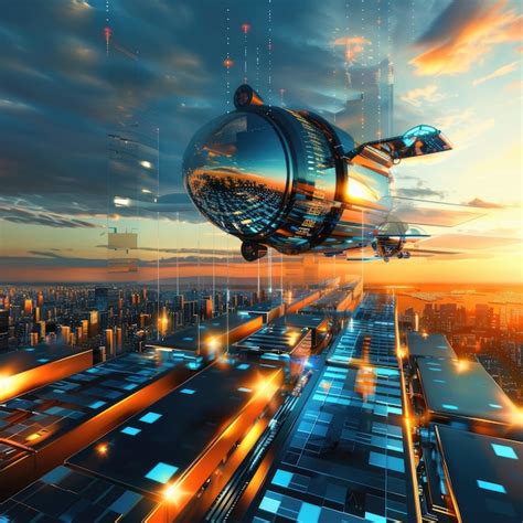 the autonomous blimp floats over the smart city at sunset premium ai