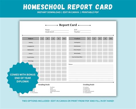 Homeschool Report Card Template Instant Digital Download Canva