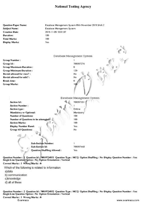 Swayam 2019 9 November Shift 2 Database Management System National