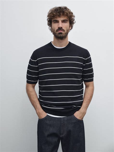 100 코튼 스트라이프 쇼트 슬리브 니트 스웨터 · 네이비블루 · 스웨터와 가디건 Massimo Dutti