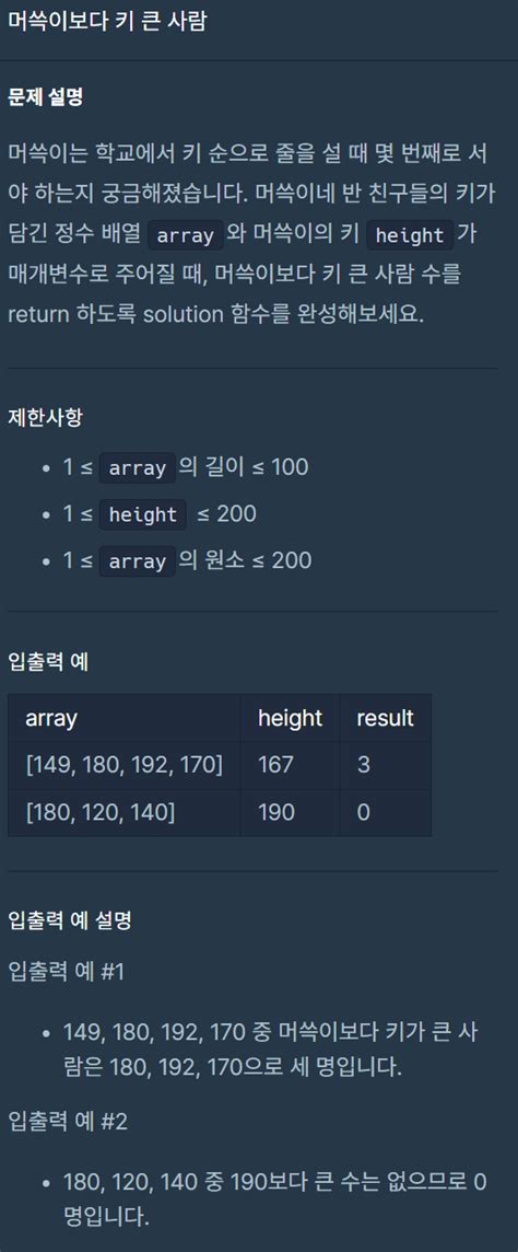 프로그래머스 연습문제 머쓱이보다 키 큰 사람
