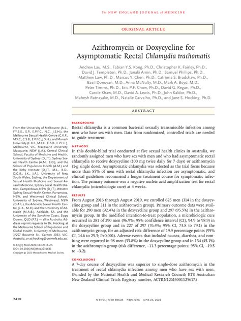 Pdf Azithromycin Or Doxycycline For Asymptomatic Rectal Chlamydia Trachomatis