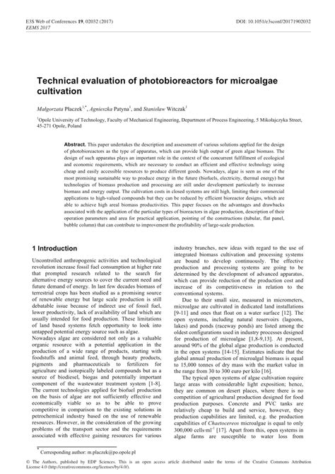 Pdf Technical Evaluation Of Photobioreactors For Microalgae Cultivation