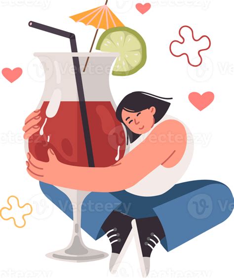 Drunk Woman Hugs Large Glass With Alcoholic Cocktail Feeling Dependent