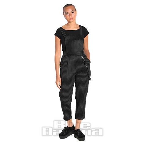 Hell Bunny Wolfie Dungarees Pinstripe Chain Dungarees
