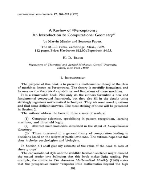 A Review Of Perceptronsminskyandpapert By Hd Block Pdf First Order