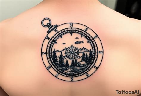 Open Compass Bottom Half With Mountains Trees Stream And Tent The