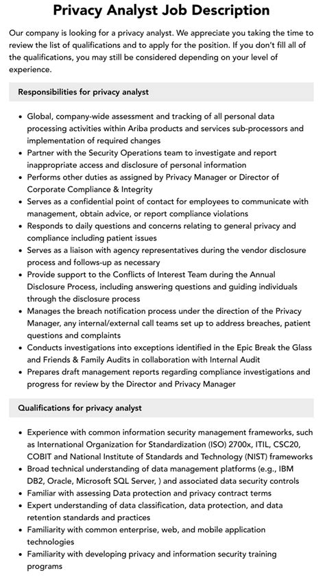Privacy Analyst Job Description Velvet Jobs