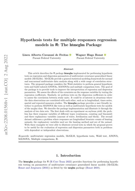 Pdf Hypothesis Tests For Multiple Responses Regression Models In R The Htmcglm Package