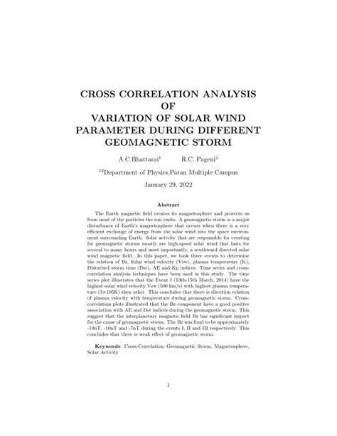 Pdf Cross Correlation Analysis Of Variation Of Solar Wind Parameter During Different