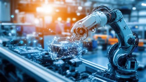 Robotic Arm Picking Up Microchip In Smart Factory With Network Connection Stock Illustration