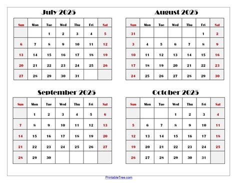 July To October 2025 Calendar Printable Pdf Four Months Calendar