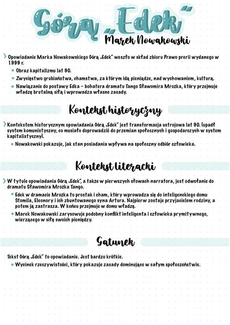 Rola Kapitalizmu Lat 90 W Opowiadaniu Górą Edek Język Polski Knowunity