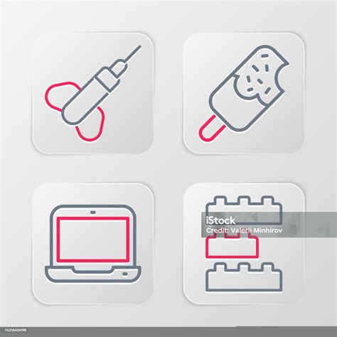 세트 라인 장난감 빌딩 블록 벽돌 노트북 아이스크림 및 다트 화살표 아이콘 벡터 0명에 대한 스톡 벡터 아트 및 기타 이미지 0명 건설 산업 겨냥 Istock