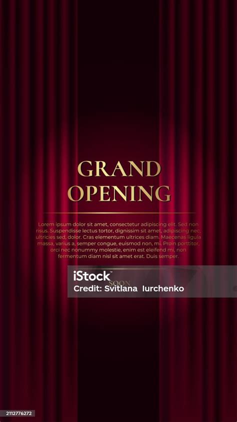 그랜드 오프닝 빨간 커튼과 황금색 글씨가 있는 프리미엄 세로 배너 벡터 일러스트 레이 션 Ribbon Cutting에 대한 스톡 벡터 아트 및 기타 이미지 Istock
