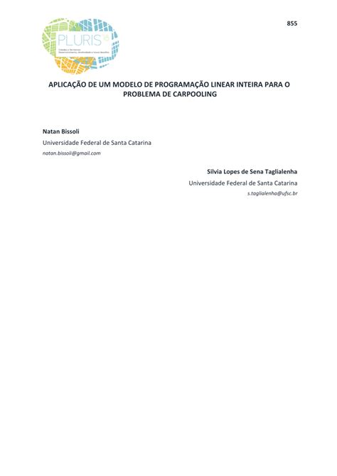 Pdf AplicaÇÃo De Um Modelo De ProgramaÇÃo Linear Inteira Para O Problema De Carpooling