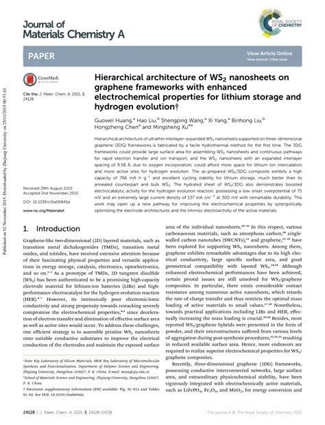Pdf Hierarchical Architecture Of Ws2 Nanosheet On Graphene Framework With Enhanced