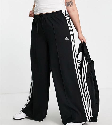 Adidas Originals Plus Adicolor Three Stripe Wide Leg Trousers In Black