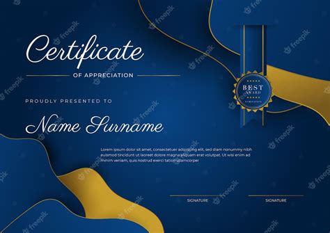 감사장 템플릿 금색과 파란색 금색 배지가 있는 깨끗한 현대 인증서 고급스럽고 현대적인 라인 패턴이 있는 인증서 테두리 템플릿 졸업장 벡터 템플릿 프리미엄 벡터