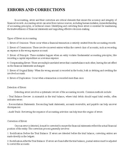 Errors And Corrections Errors And Corrections In Accounting Errors