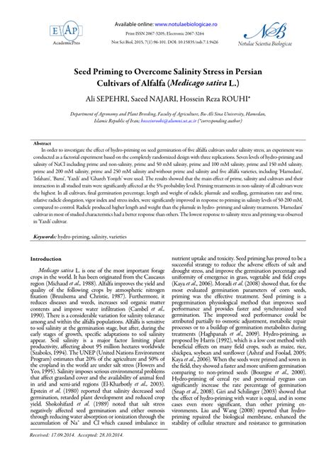 Pdf Seed Priming To Overcome Salinity Stress In Persian Cultivars Of
