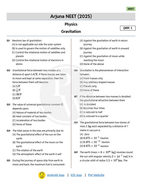 Gravitation Dpp 01 Arjuna Neet 2025 Pdf Force Gravity