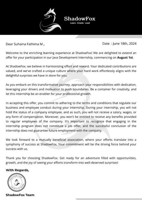 Suhaina Fathima M On Linkedin Shadowfox Internshipoffer Offerletter Javadevelopment