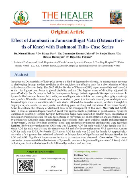 Pdf Effect Of Janubasti In Janusandhigat Vata Osteoarthritis Of Knee