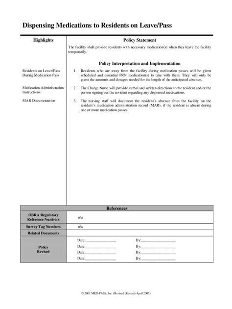 Fillable Online Dispensing Medications To Residents On Leavepass