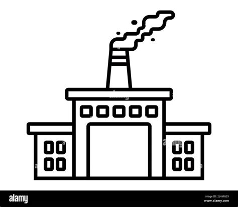 Black Linear Icon Of Factory With Chimney And Smoke Flat Vector